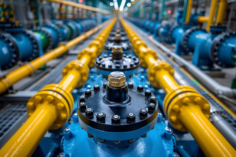 Industrial Pipeline Network with Blue and Yellow Valves in a Modern ...
