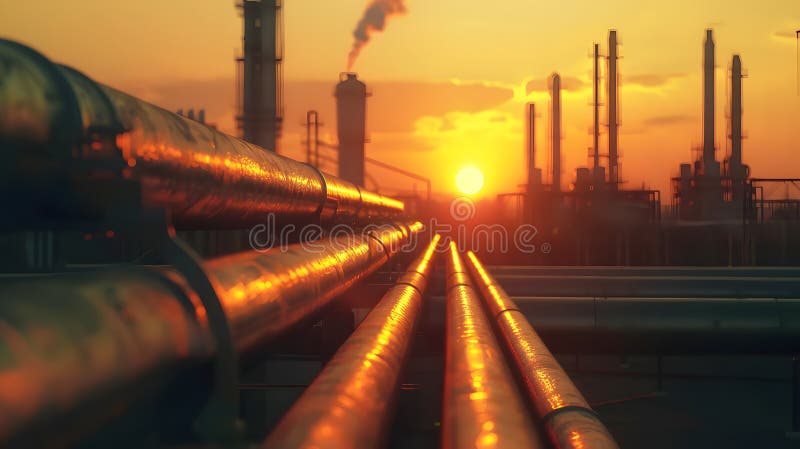 Industrial Pipelines at Sunset in Oil Refinery Facility Stock Photo ...