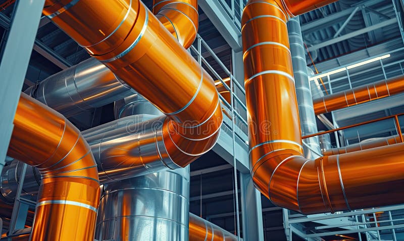 Industrial Pipes with Orange Coating in Complex Pipeline System ...