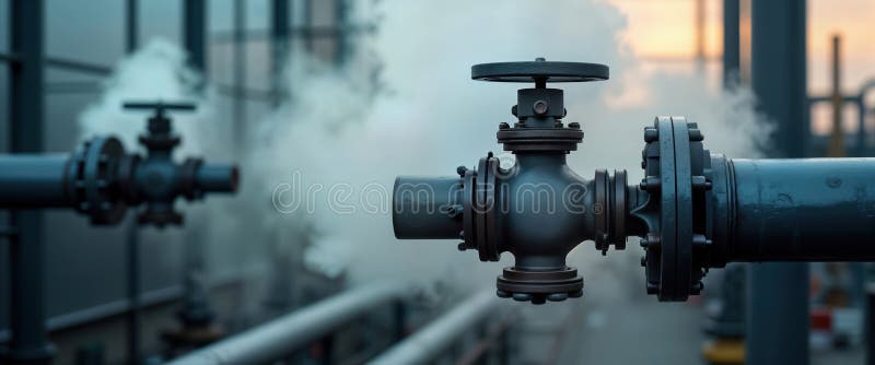 Industrial Pipes, Valves Release Steam. Machinery Operates Efficiently ...