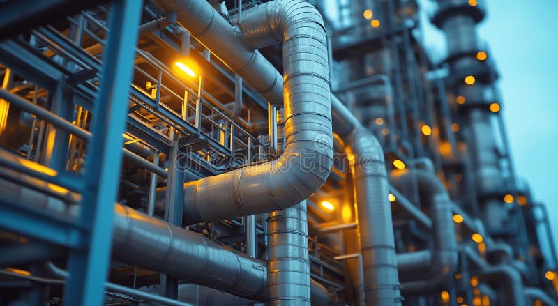 Industrial Piping System with Illuminated Lights at Chemical Processing ...