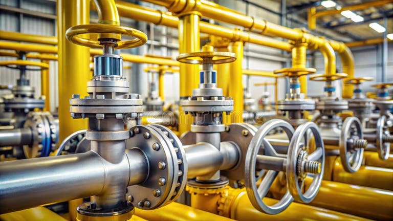 Industrial Piping System with Multiple Valves and Control Wheels in a ...
