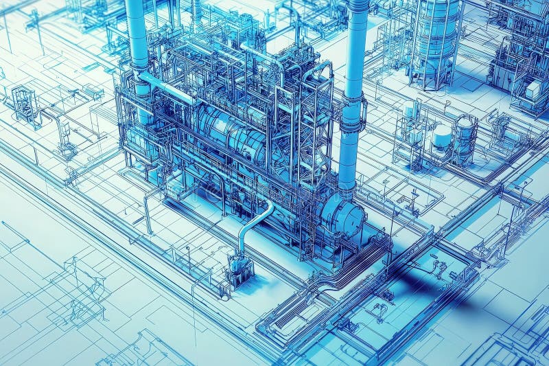 Industrial Plant Blueprint Showing Complex Machinery and Infrastructure ...