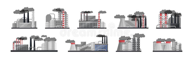 Industrial Plant and Complex with Steaming Chimney Vector Set Stock ...