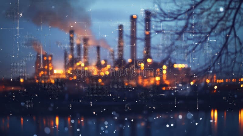 Industrial Plant with Data Flow Visualization at Dusk Enhancing ...