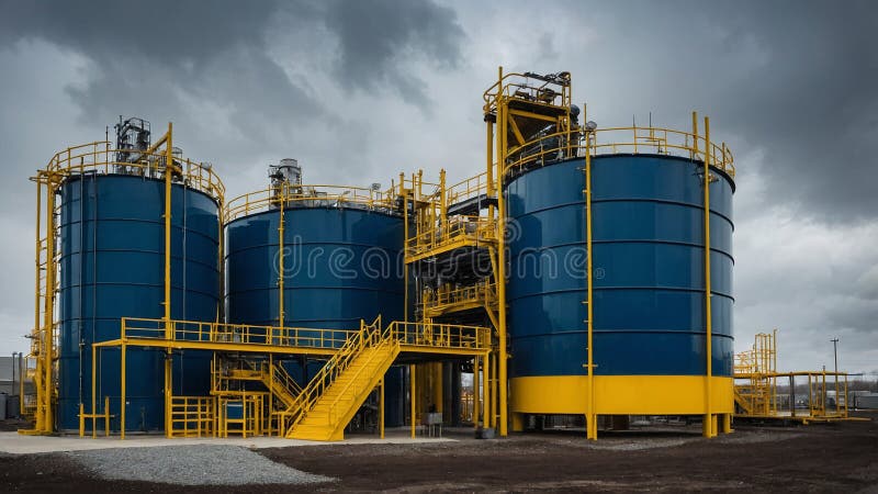 Industrial Plant Featuring Large Blue Tanks and Yellow Structures Under ...