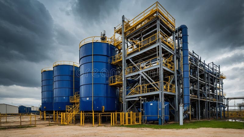 Industrial Plant Featuring Large Blue Tanks and Yellow Structures Under ...