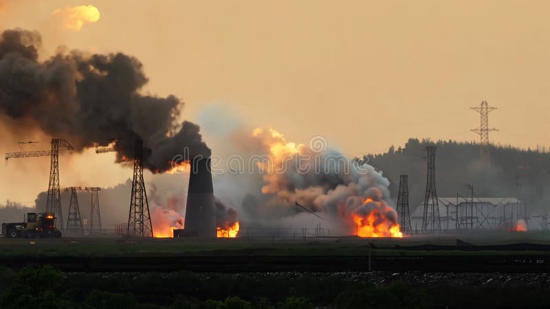 Industrial Plant on Fire with Smoke and Flames in the Evening. Stock ...