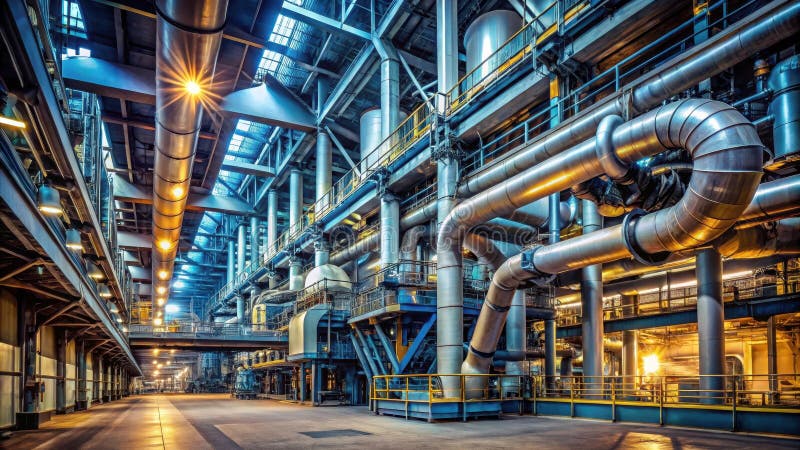 Industrial Plant Interior a Complex Network of Pipes and Metal Structures Under Illuminated ...