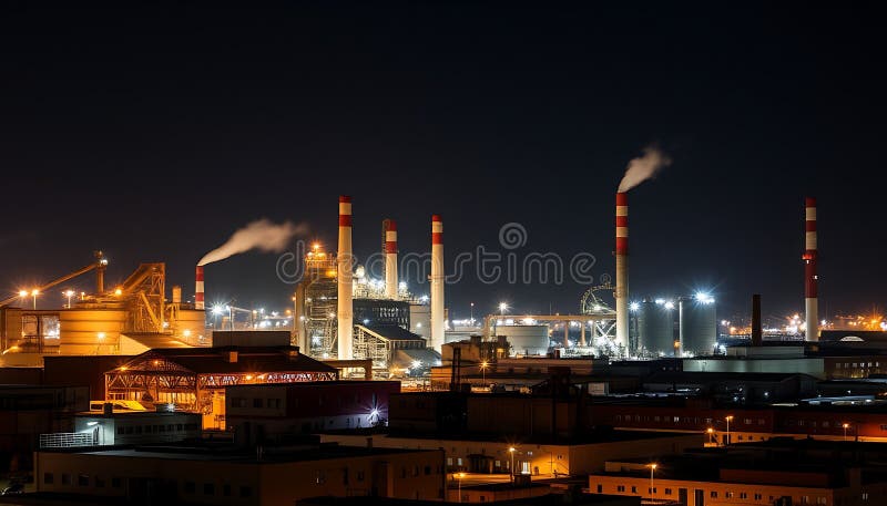 Industrial Plant at Night, Factory Complex and Illuminated Industrial ...