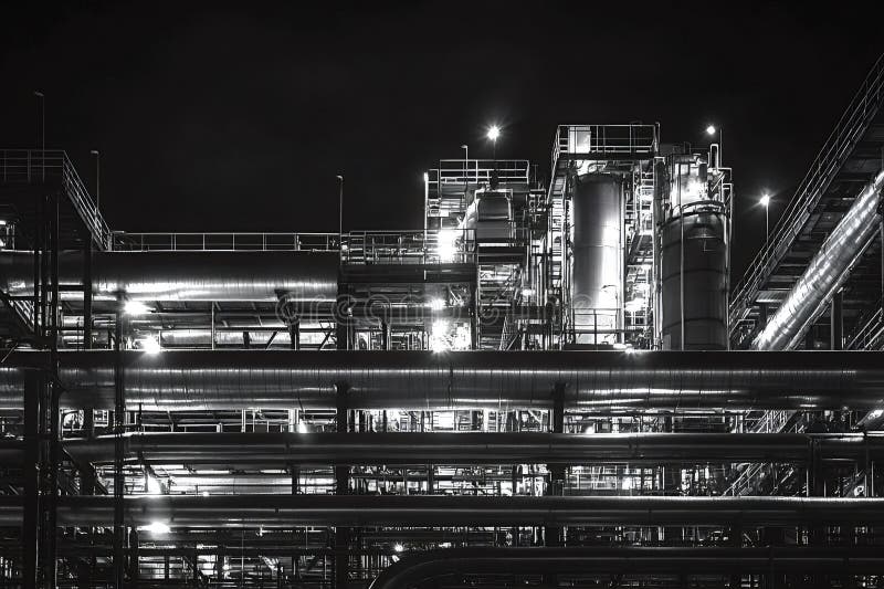 Industrial Plant with Pipes and Tanks at Night Showing Modern ...