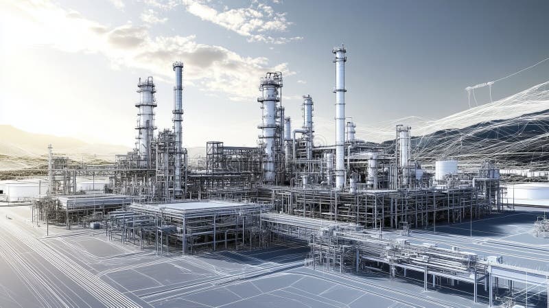 Industrial Complex Blueprint. a Visualization of a Plant with Pipes and ...