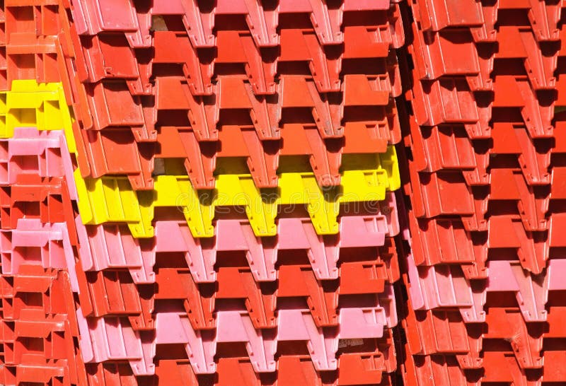 Industrial Plastic Baskets Stack Close-up Details. Abstract Horizontal ...