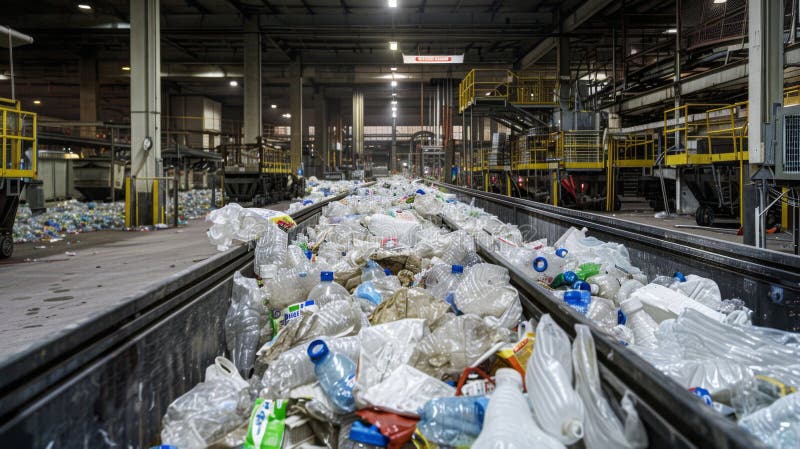 Industrial Plastic Waste Sorting Conveyor at Recycling Facility Stock ...