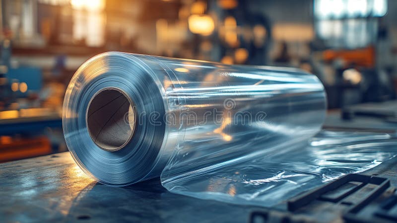 Industrial Plastic Wrap Roll on a Metal Surface in a Factory Setting ...