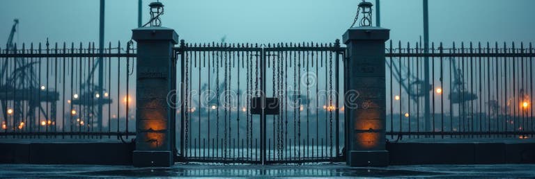 Industrial Port Gate at Dusk with Illuminated Lanterns and Distant ...