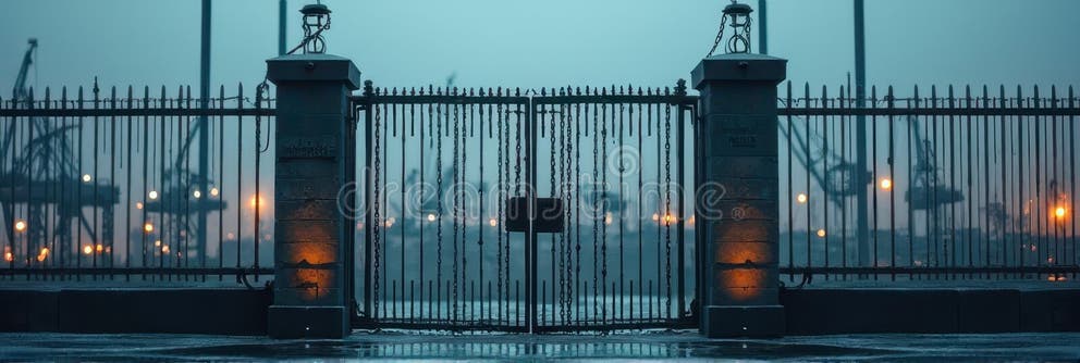 Industrial Port Gate at Dusk with Illuminated Lanterns and Distant ...