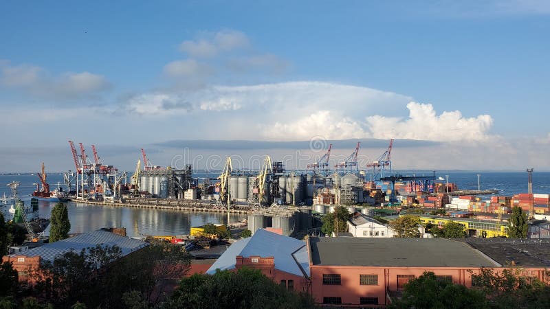 Industrial Port Landscape with Red Warehouse Buildings and Grain ...