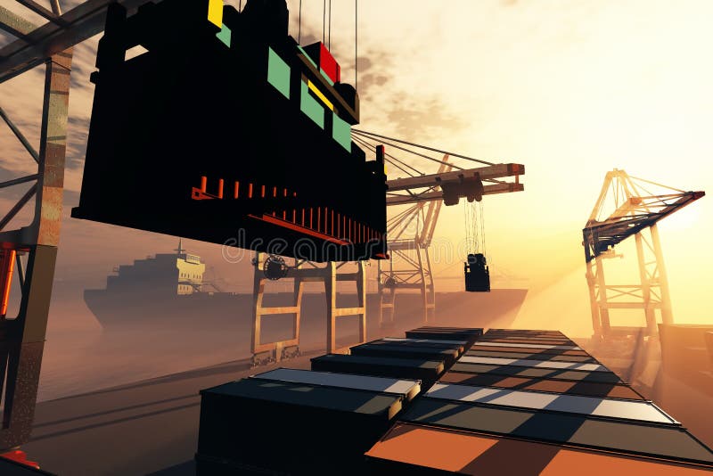 Industrial Port Sunset Sunrise 3D Render 2 Stock Illustration ...