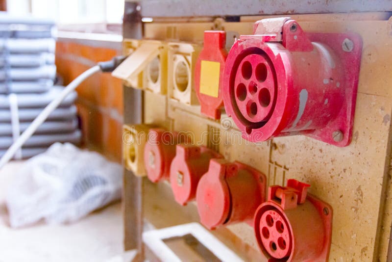 Industrial Power Outlets on the Distribute Metal Panel at Construction ...