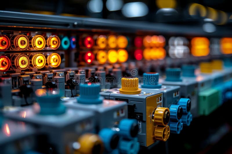 Industrial Power Panel with Circuit Breakers, Wires, and Colorful Bulbs ...