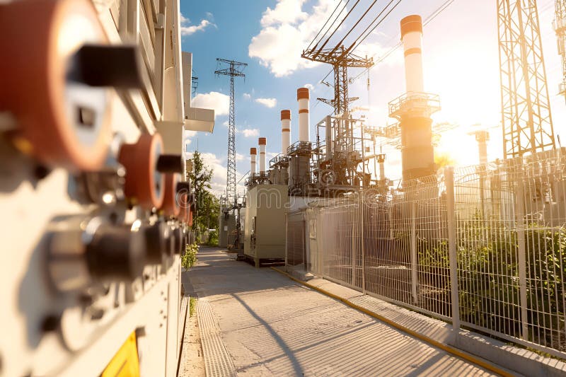 Industrial Power Plant with Electrical Equipment at Sunset Stock ...