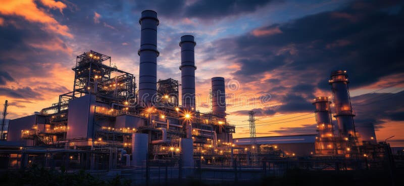 Industrial Power Plant at Sunset with Illuminated Structures and ...