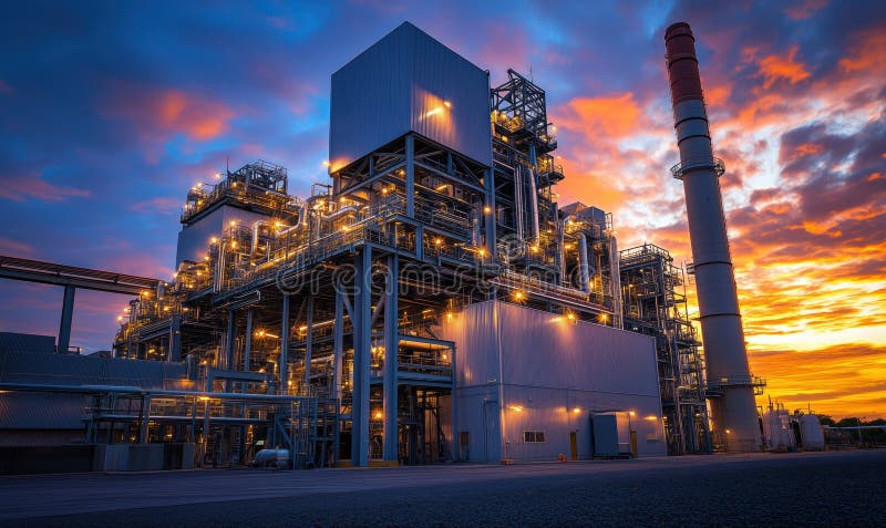 Industrial Power Plant Sunset Illuminated Structures Vibrant Sky Stock ...