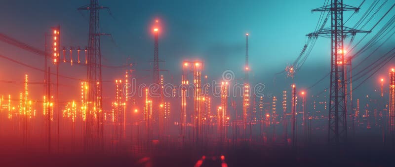Industrial Power Station at Night Displaying Illuminated Pylons and ...