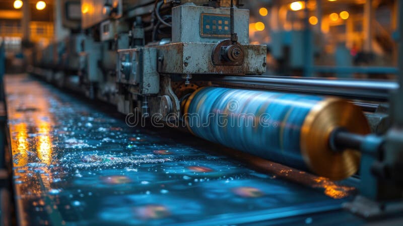 Industrial Printing Press Machine with Blue Pattern. Close-up of ...