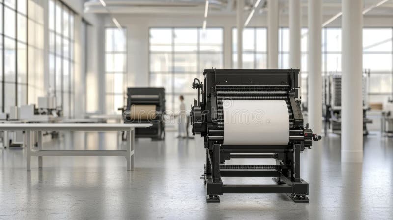 Industrial Printing Press in Modern Workshop Setting with Large Windows ...