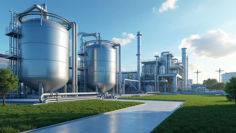 An Industrial Processing Facility Features Large Metallic Storage Tanks ...