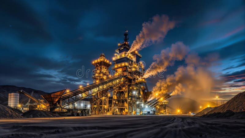 Illuminated Industrial Processing Plant at Dusk, Generative Ai Stock Illustration - Illustration ...