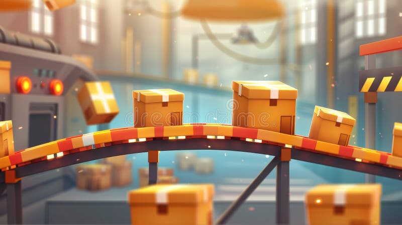 Industrial Processing Production Belt with Carton Boxes Side View ...