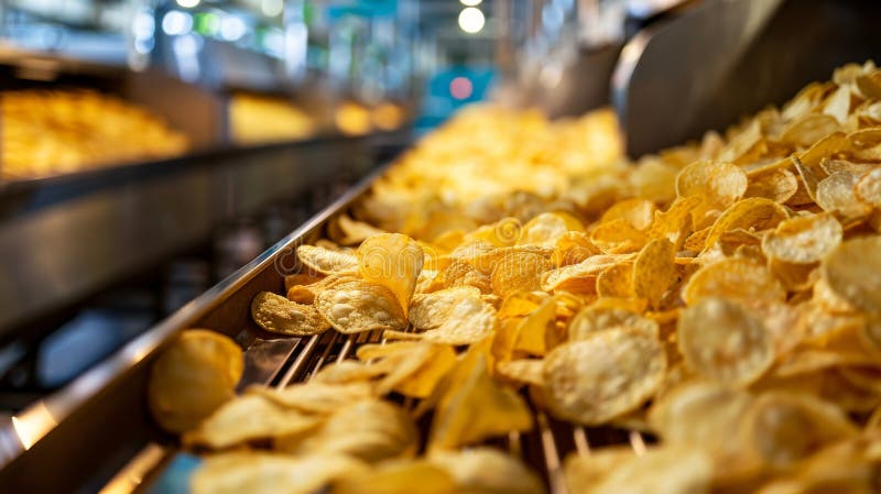 Industrial Production Line of Crispy Potato Chips in Factory Setting ...