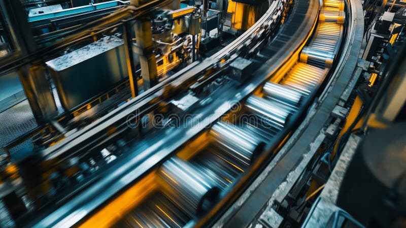 Industrial Production Line Featuring a Curved Conveyor System with ...