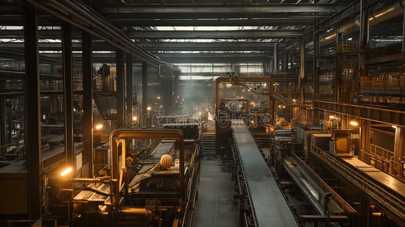 Industrial Production Scene with Large Machines, Conveyor Belts, and ...