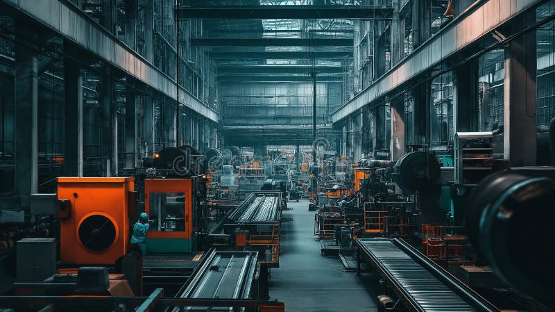 Industrial Production Scene with Large Machines, Conveyor Belts, and ...