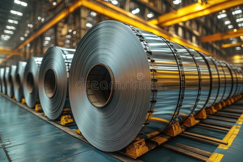 Industrial Production Scene with Multiple Steel Rolls Being Transported ...