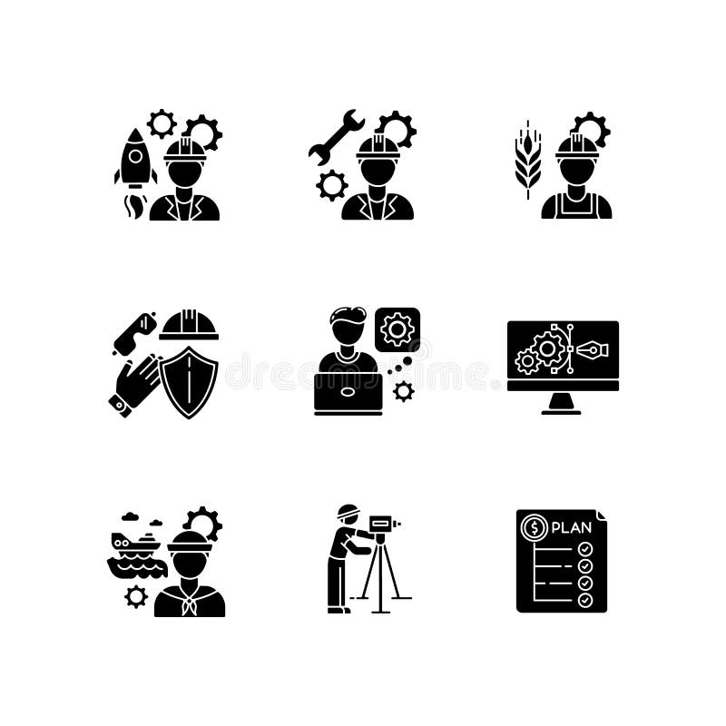 Industrial Production Worker Black Glyph Icons Set on White Space Stock ...
