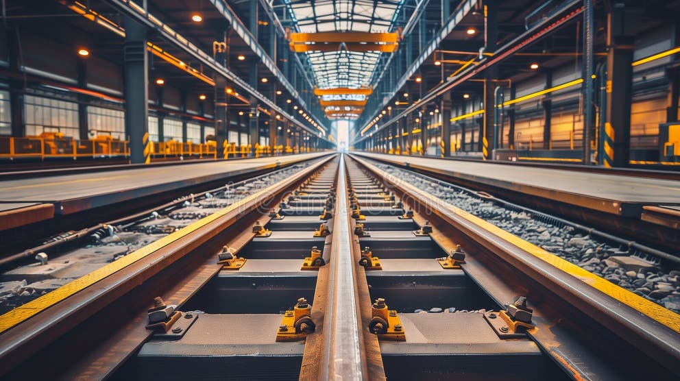 Industrial Railway Workshop Interior with a Modern Train on the Tracks ...