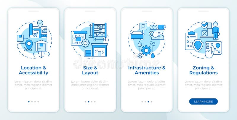 Industrial Realty Features Blue Onboarding Mobile App Screen Stock ...