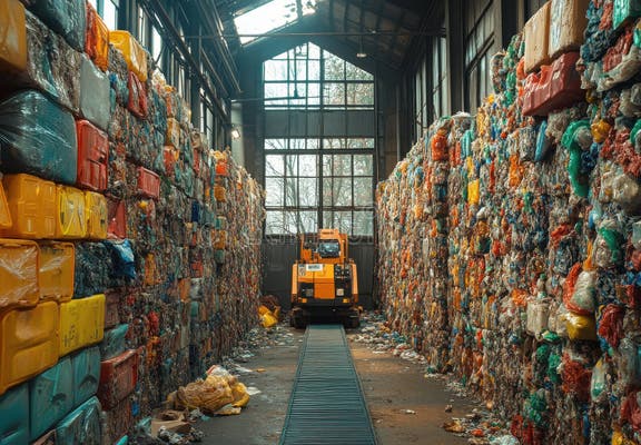 Industrial Recycling Machine Surrounded by Compressed Waste Materials ...