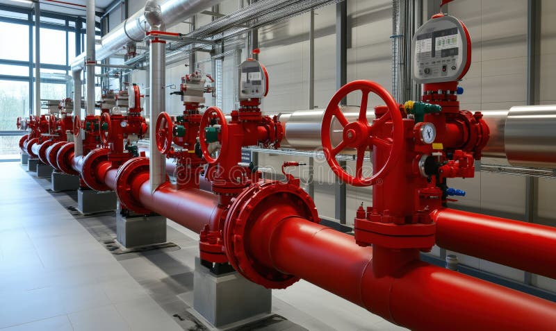 Industrial Red Piping System with Valves and Gauges, Showcasing Modern ...