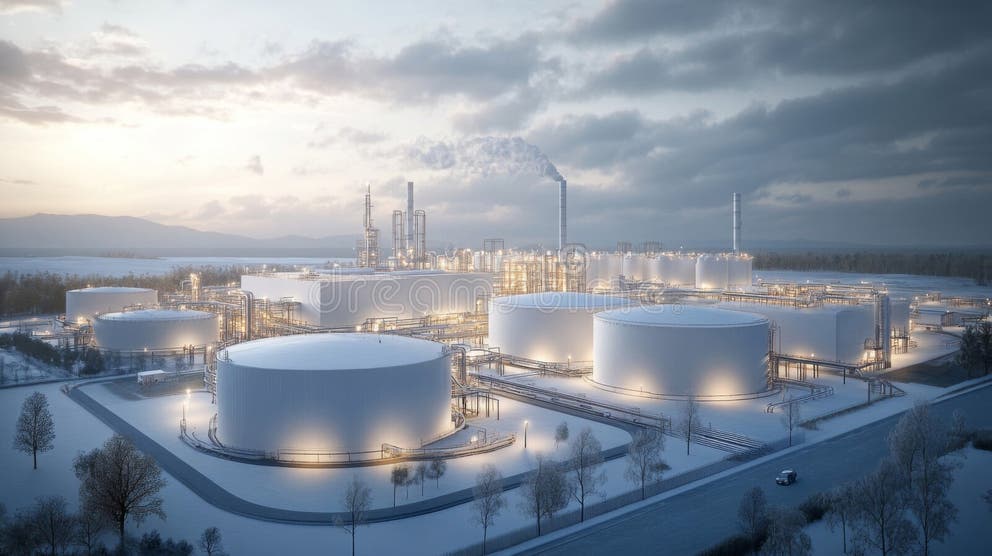 Industrial Refinery Complex Under Winter Sky Stock Illustration ...