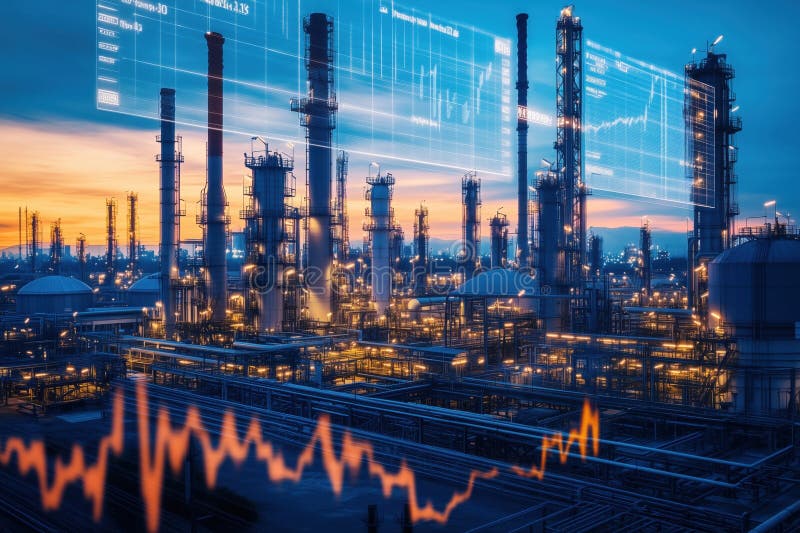 Industrial Refinery at Dusk with Data Visualization Overlay Stock Photo ...