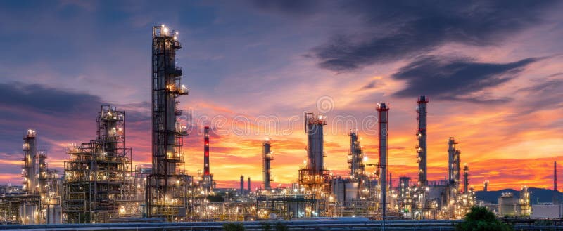 The Industrial Refinery Illuminated by a Stunning Sunset Over a Dynamic ...