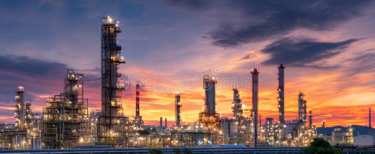 The Industrial Refinery Illuminated by a Stunning Sunset Over a Dynamic ...
