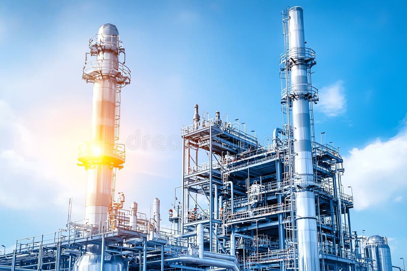 Industrial Refinery with Metal Structures and Pipelines Under Clear Sky Showcasing Energy ...