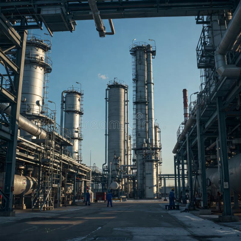 Engineers Walking in a Refinery Plant with Distillation Columns and ...